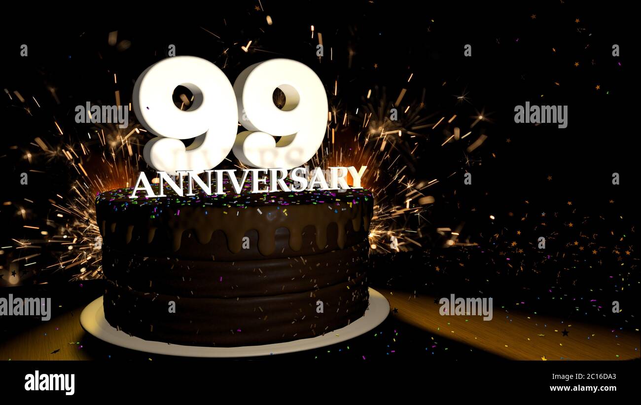 Anniversary 99 card. Round chocolate cake decorated with dragees of ...