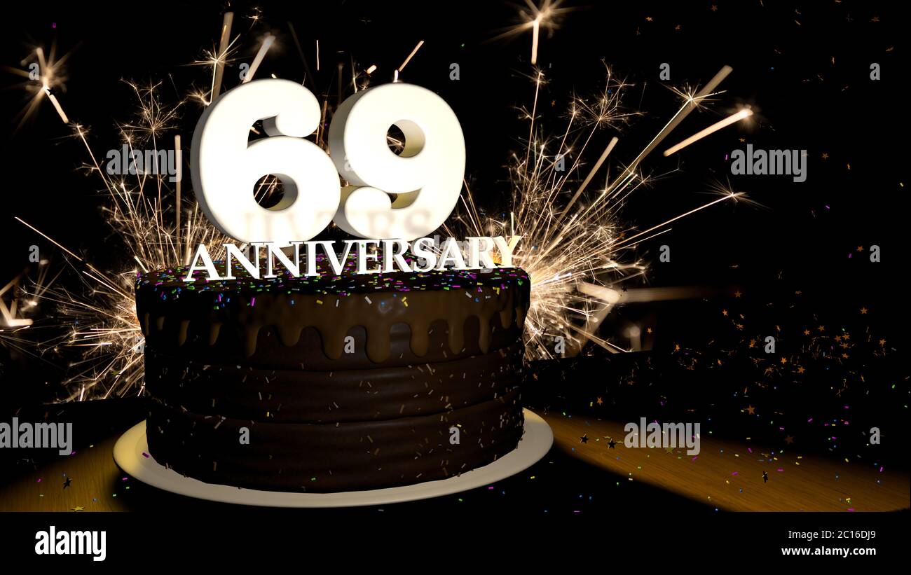 Anniversary 69 card. Round chocolate cake decorated with dragees of ...