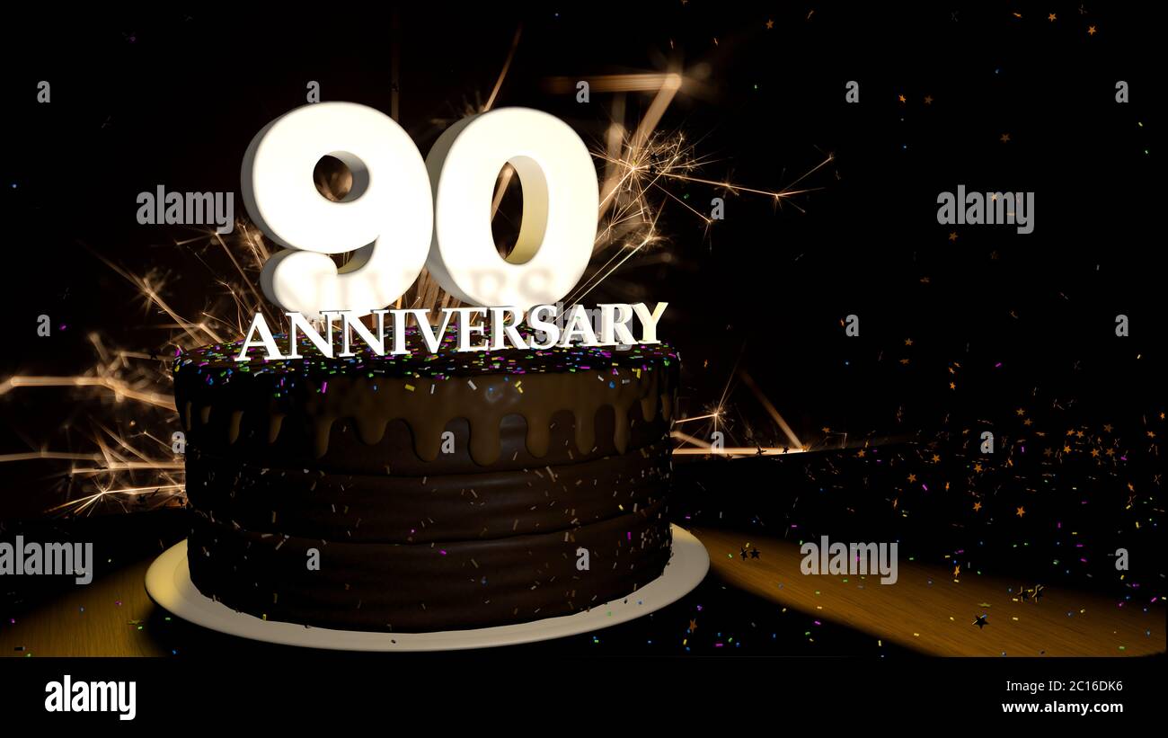Anniversary 90 card. Round chocolate cake decorated with dragees of ...