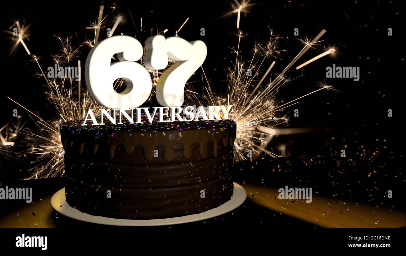 Anniversary 67 card. Round chocolate cake decorated with dragees of ...