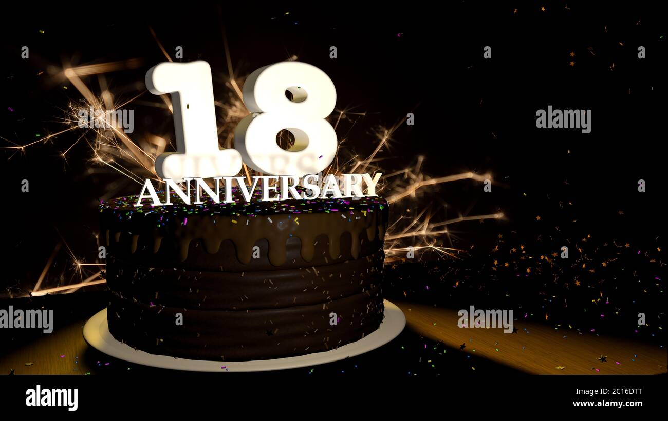 Anniversary 18 card. Round chocolate cake decorated with dragees of ...