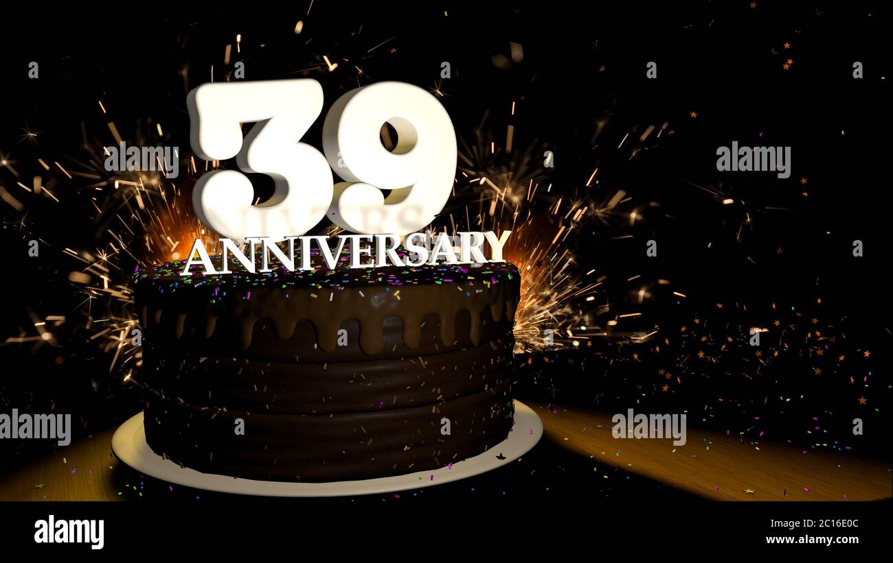 Anniversary 39 card. Round chocolate cake decorated with dragees of ...