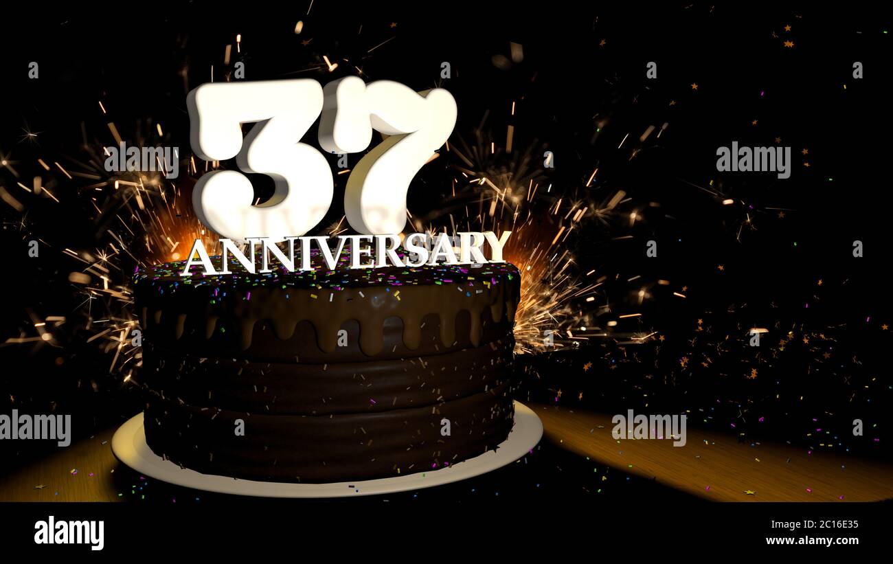 Anniversary 37 card. Round chocolate cake decorated with dragees of ...