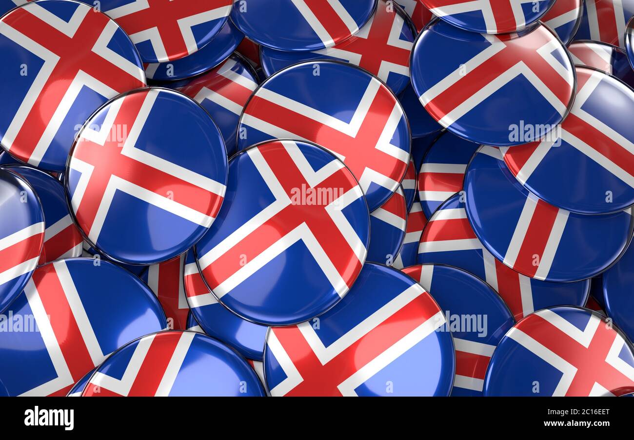 Iceland Badges Background - Pile of Icelandic Flag Buttons Stock Photo ...
