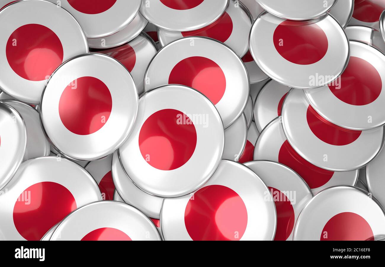 Japan Badges Background - Pile of Japanese Flag Buttons Stock Photo - Alamy