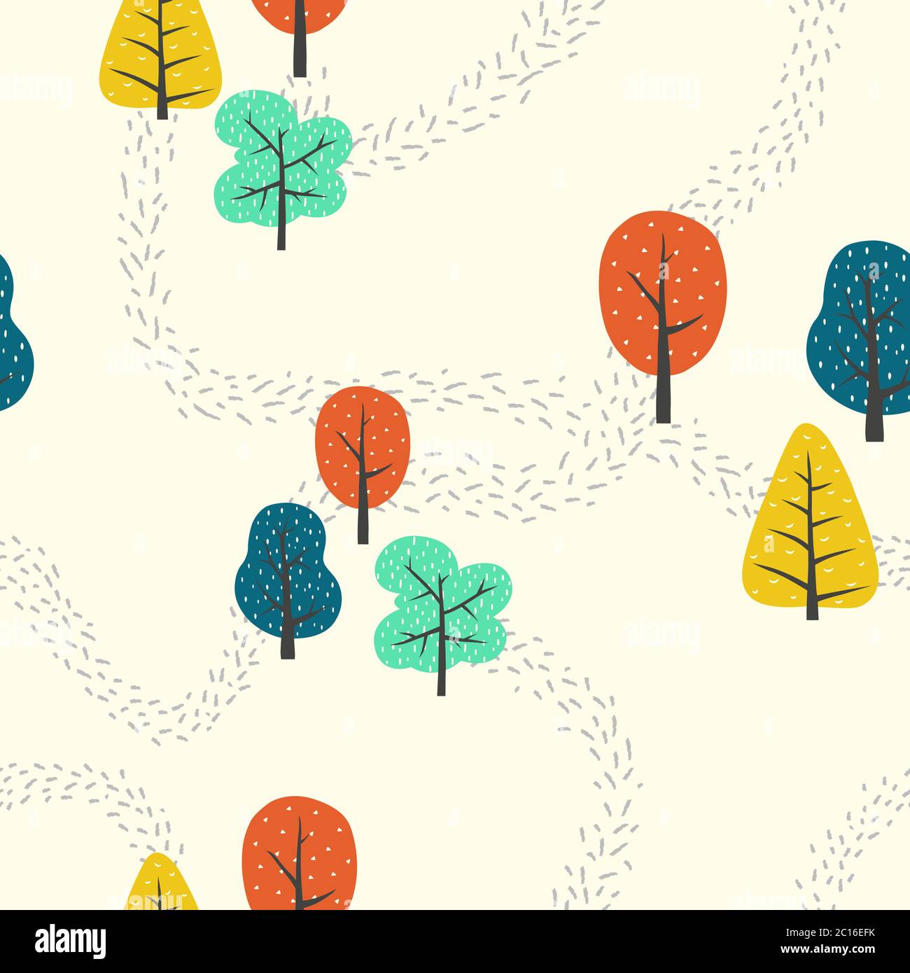 Seamless forrest pattern with colorful trees and paths. Cute childish ...