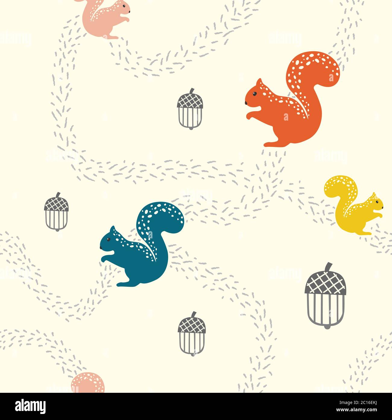 Seamless pattern with squirrels, nuts and paths. Cute childish texture for fabric, textile ...