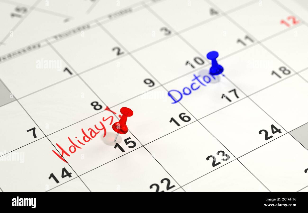 Red and blue pins marking the important days on a calendar Stock Photo ...
