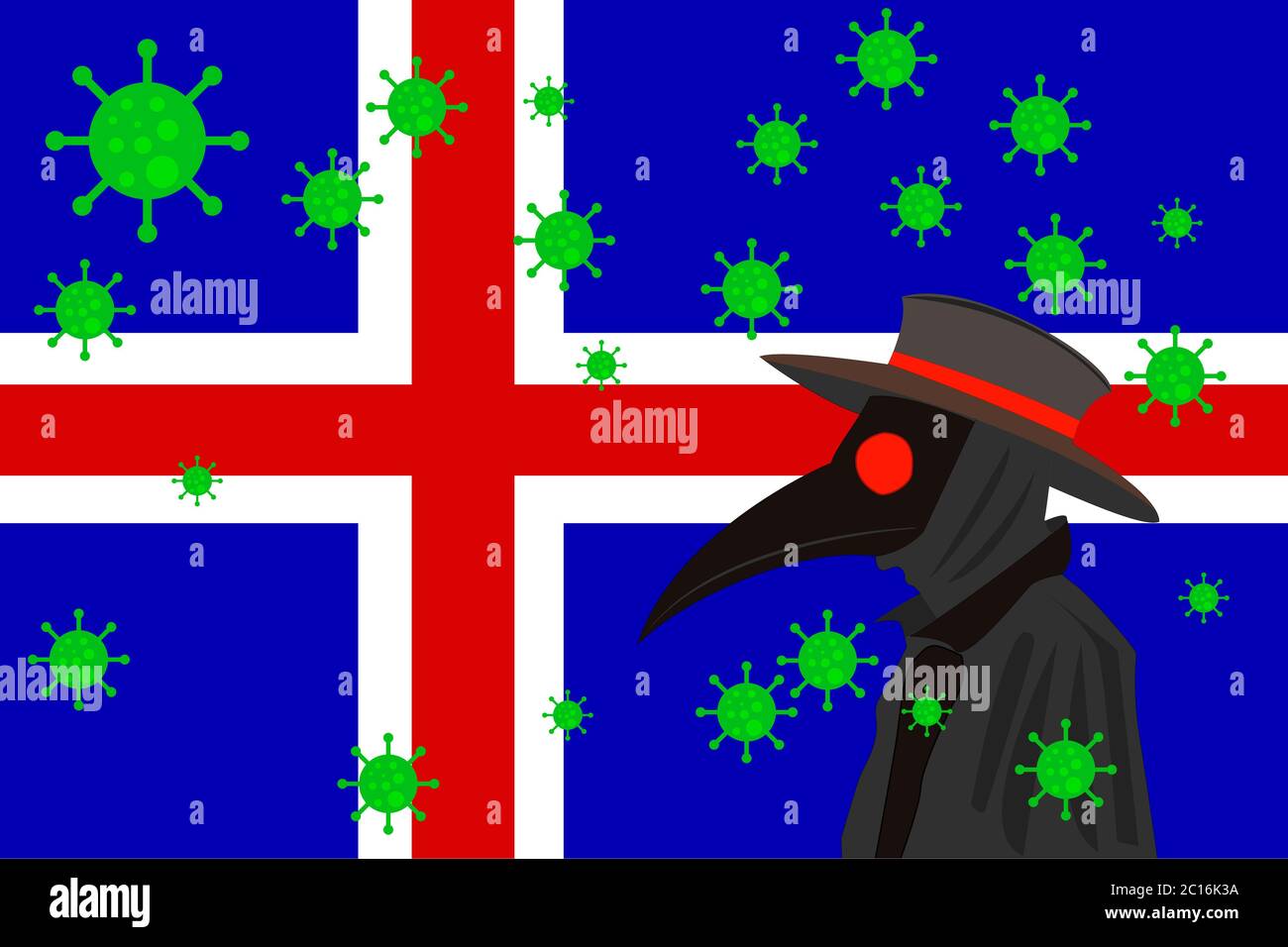 Black plague doctor surrounded by viruses with copy space with ICELAND ...