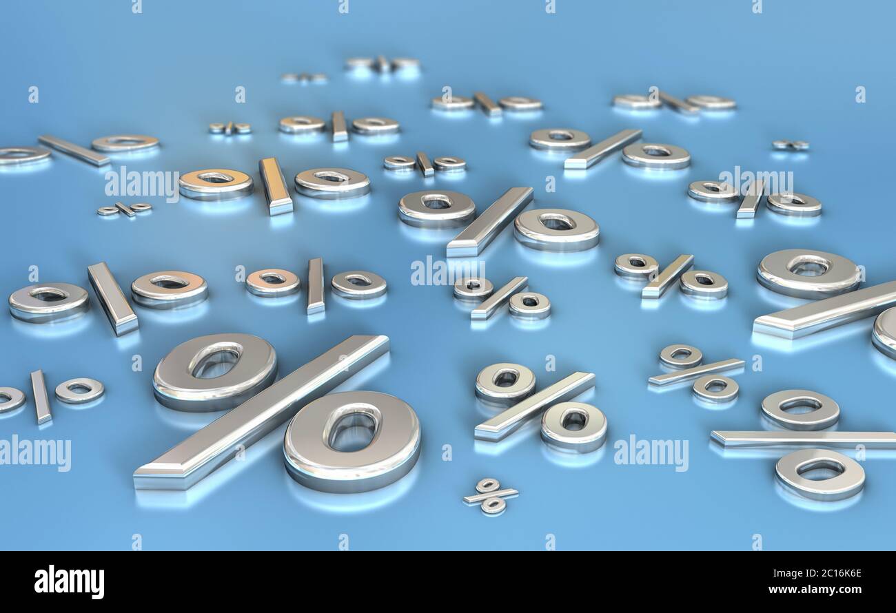 A dozen metal percentage signs or symbols on a blue reflective surface ...