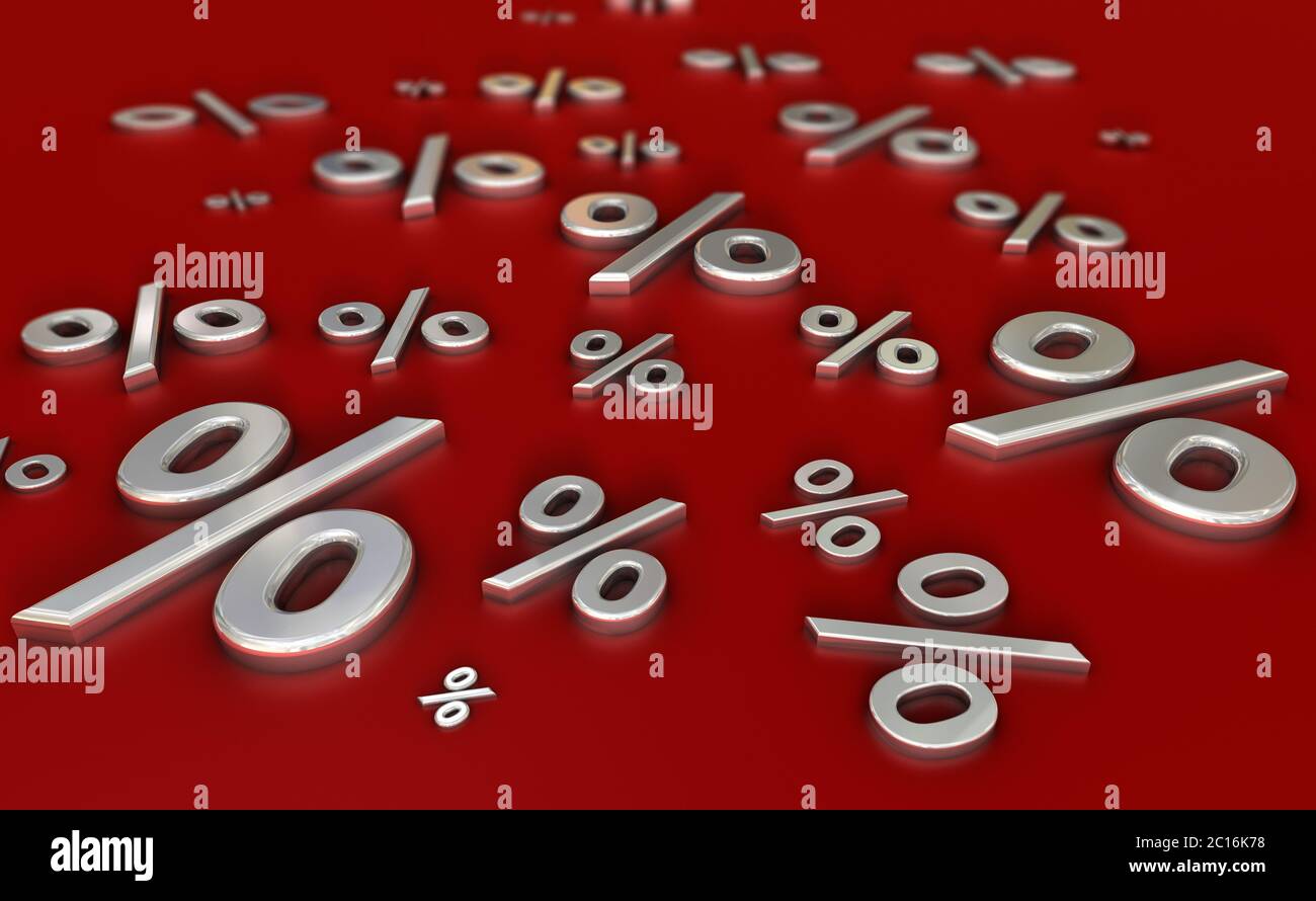 A dozen metal percentage signs or symbols on a red reflective surface ...