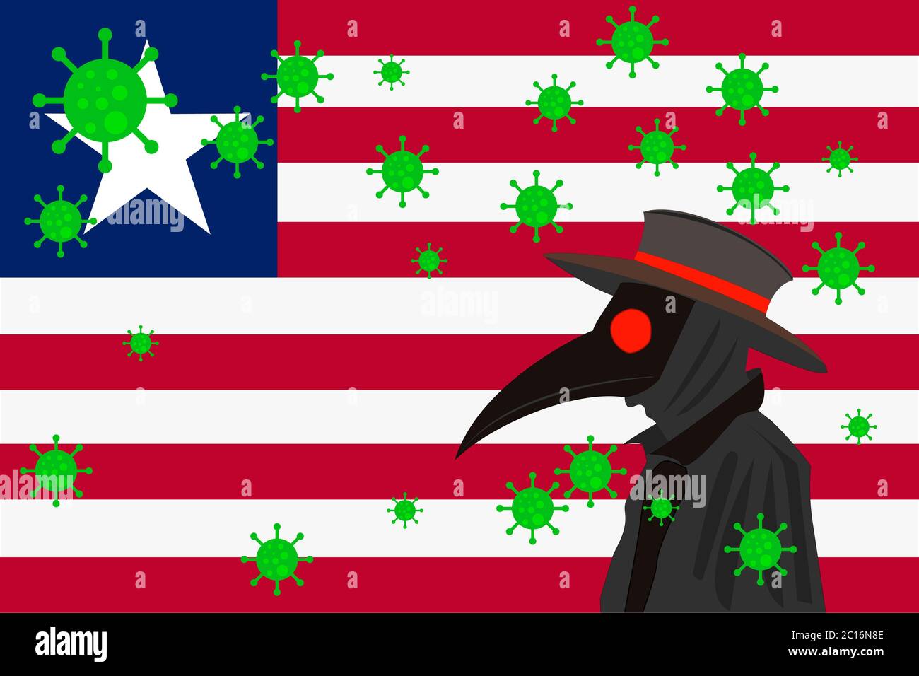 Black plague doctor surrounded by viruses with copy space with LIBERIA ...