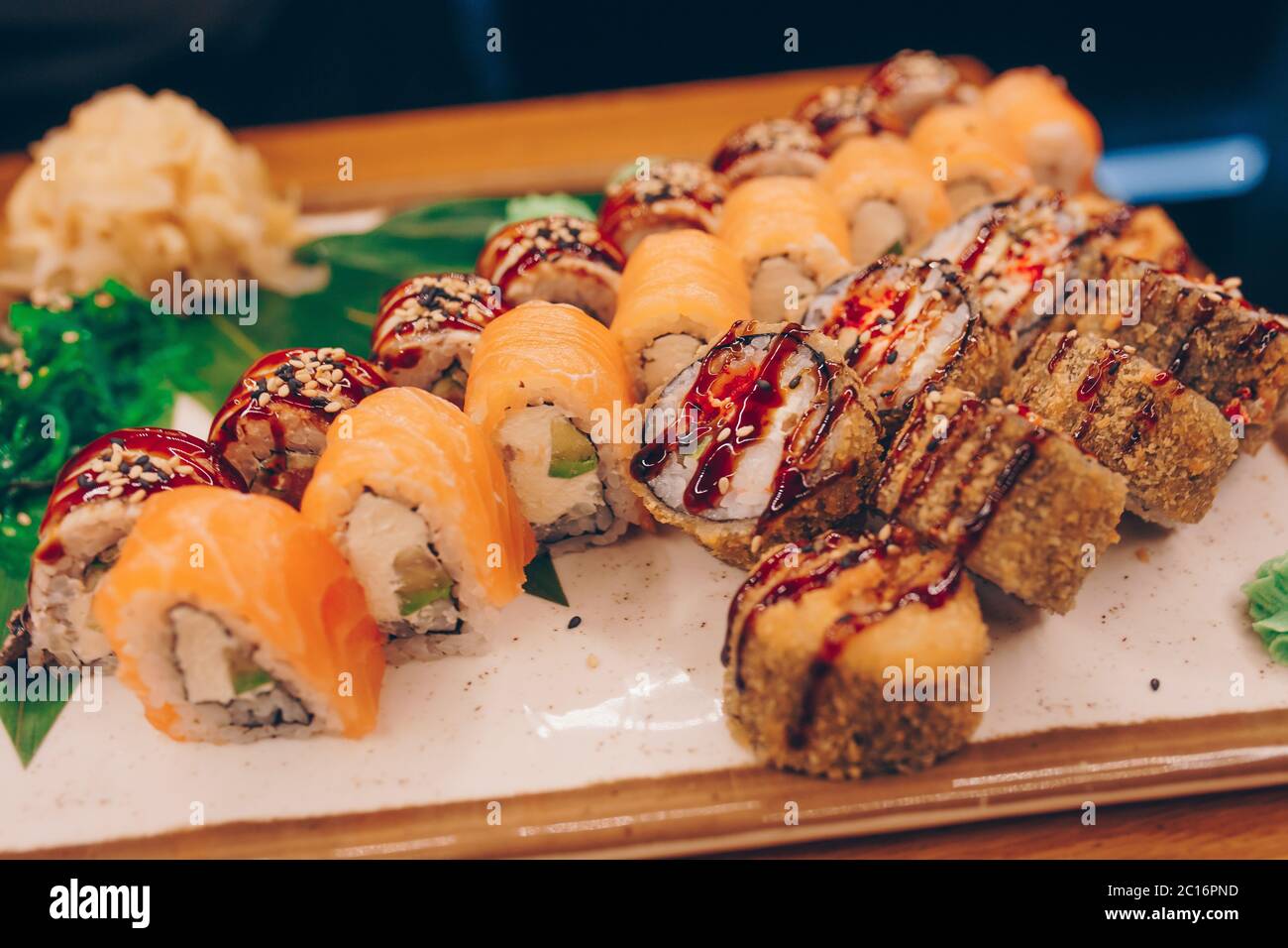 Large set of Sushi Rolls Warm Ebi Sake Unagi Spring. A lot assortment ...