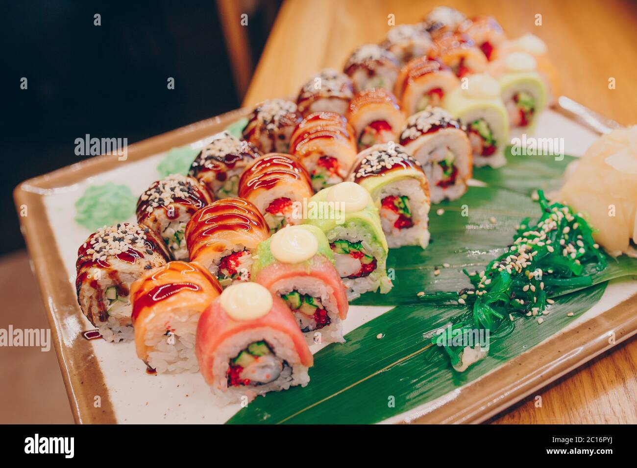 Large set of Sushi Rolls Warm Ebi Sake Unagi Spring. A lot assortment ...