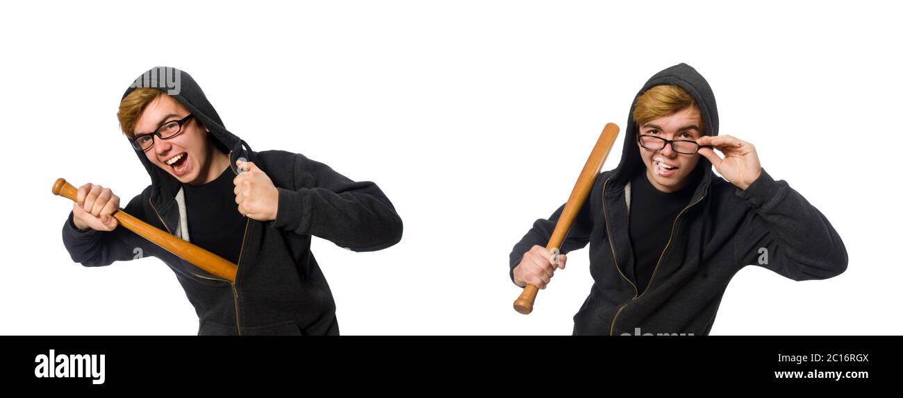 Aggressive man with baseball bat isolated on white Stock Photo - Alamy