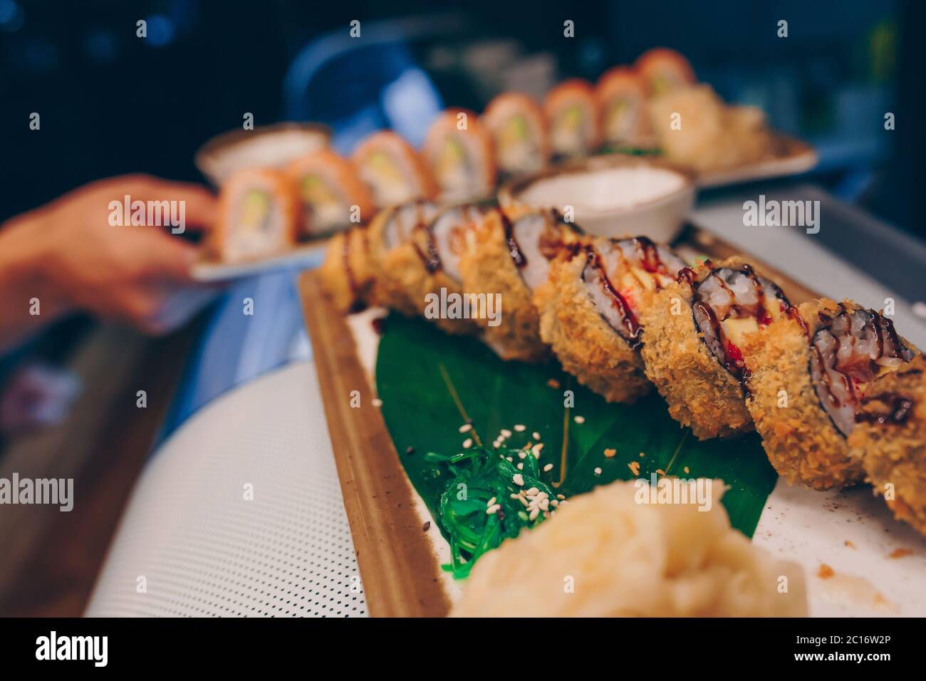 Large set of Sushi Rolls Warm Ebi Sake Unagi Spring. A lot assortment ...