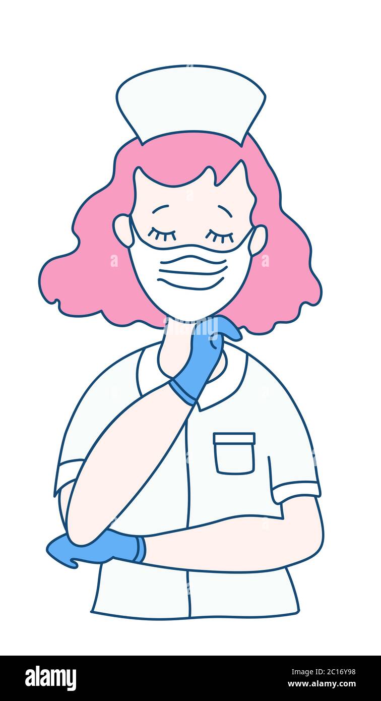 Nurse in medical white workwear, mask and blue gloves with closed eyes ...