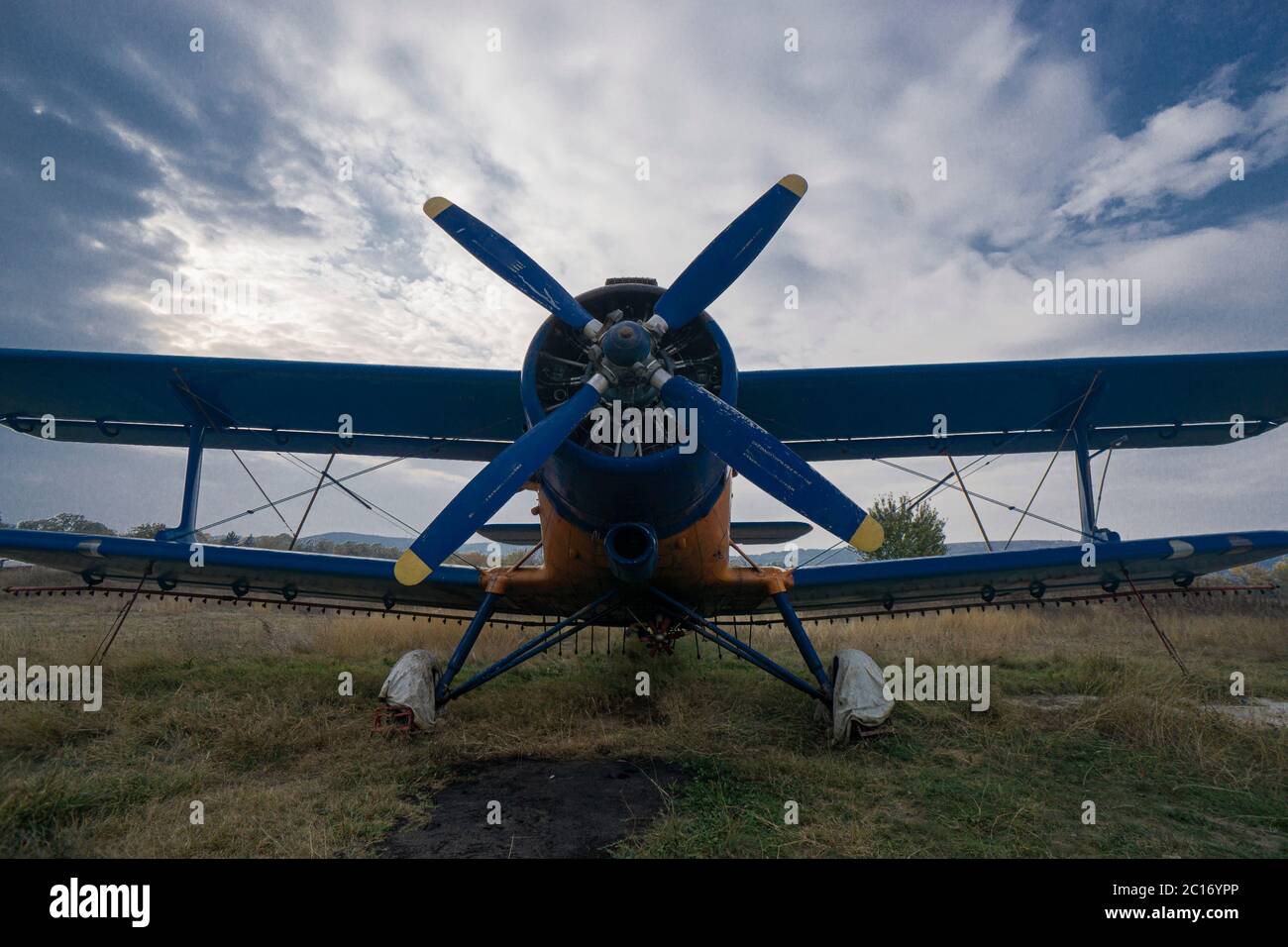 Front of Agricultural plane used for fertilizing, shot on the ground ...