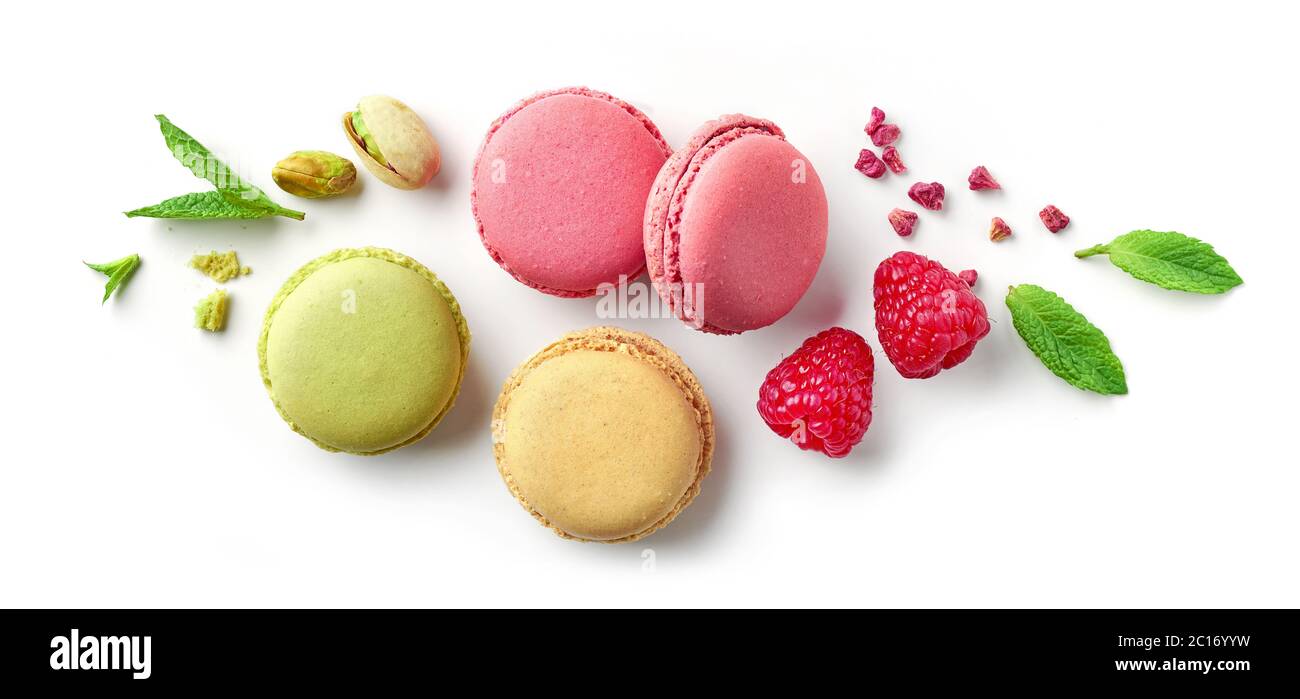 composition of various macaroons isolated on white background, top view ...