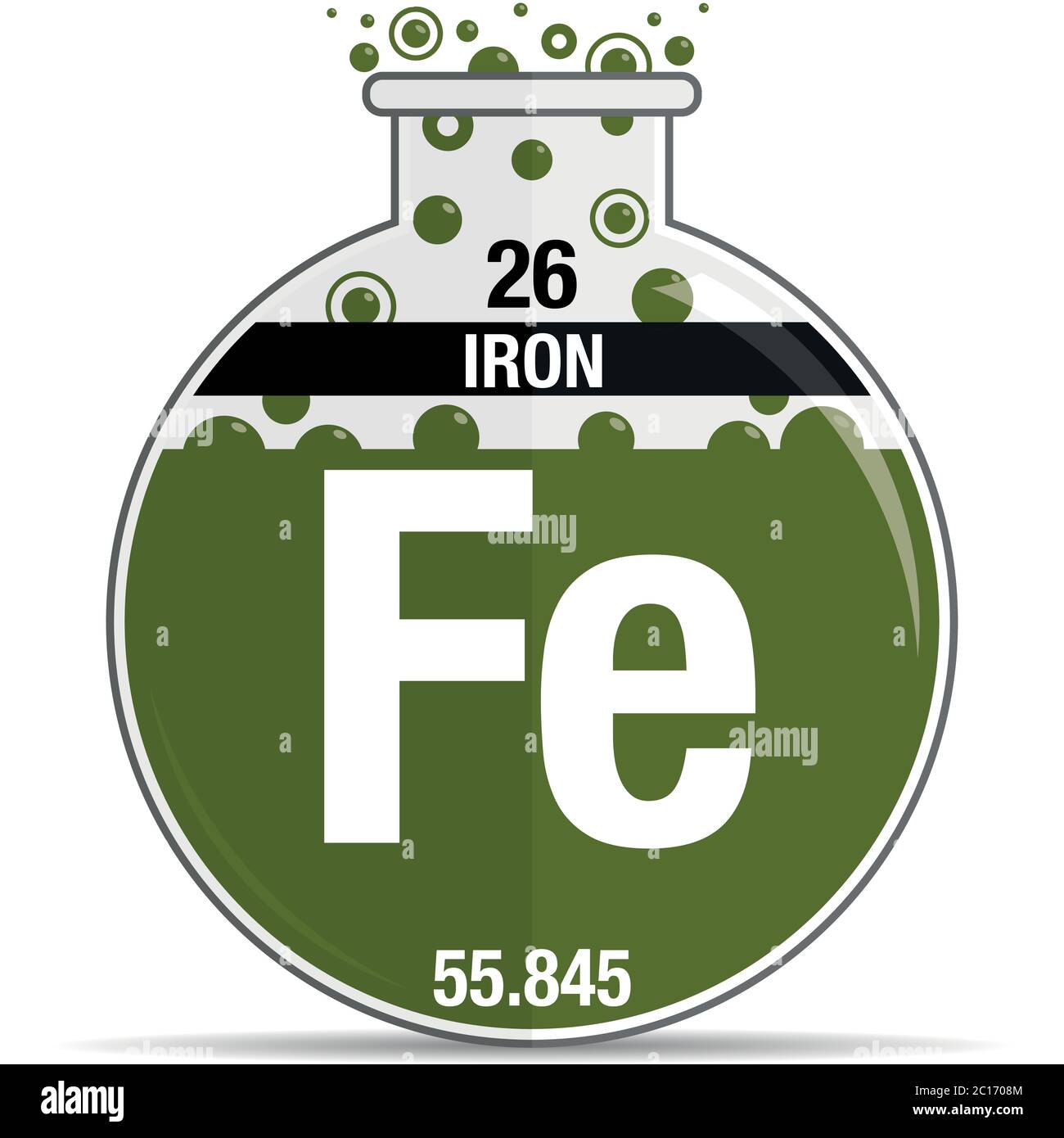 Iron symbol on chemical round flask. Element number 26 of the Periodic ...