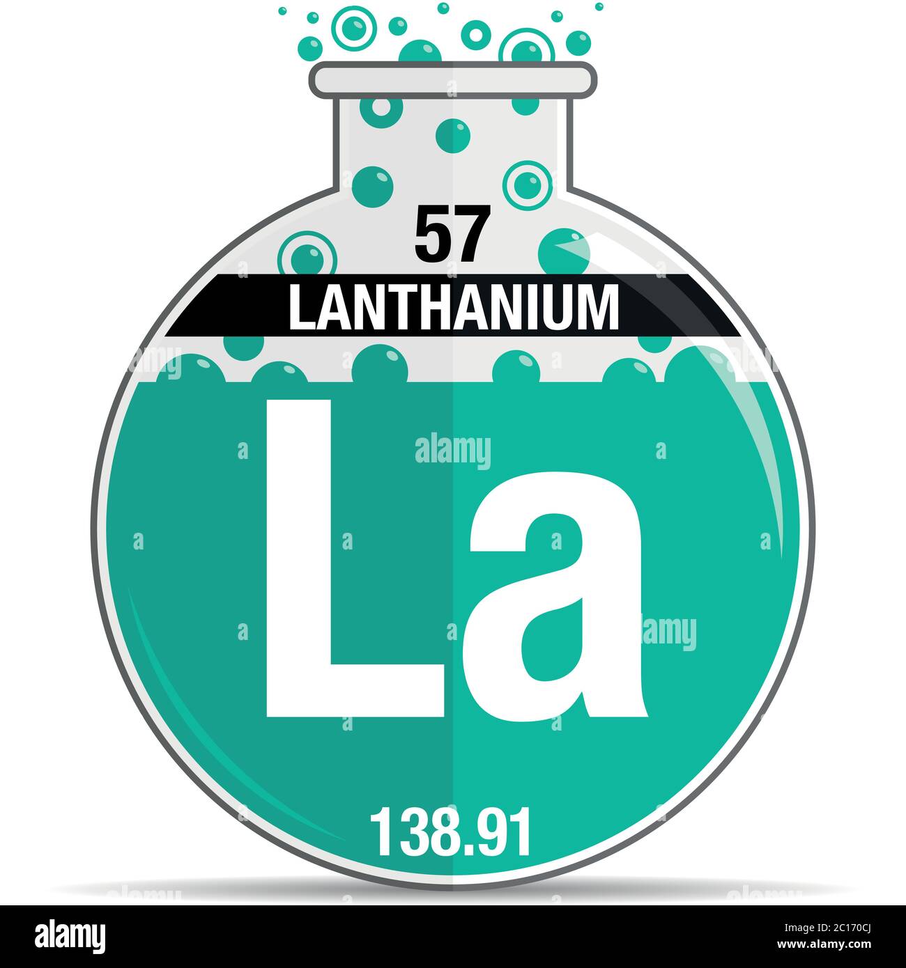 Lanthanium symbol on chemical round flask. Element number 57 of the ...