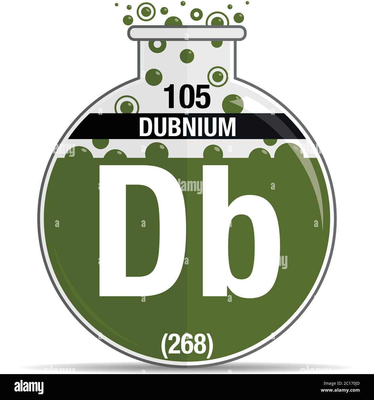 Dubnium symbol on chemical round flask. Element number 105 of the ...