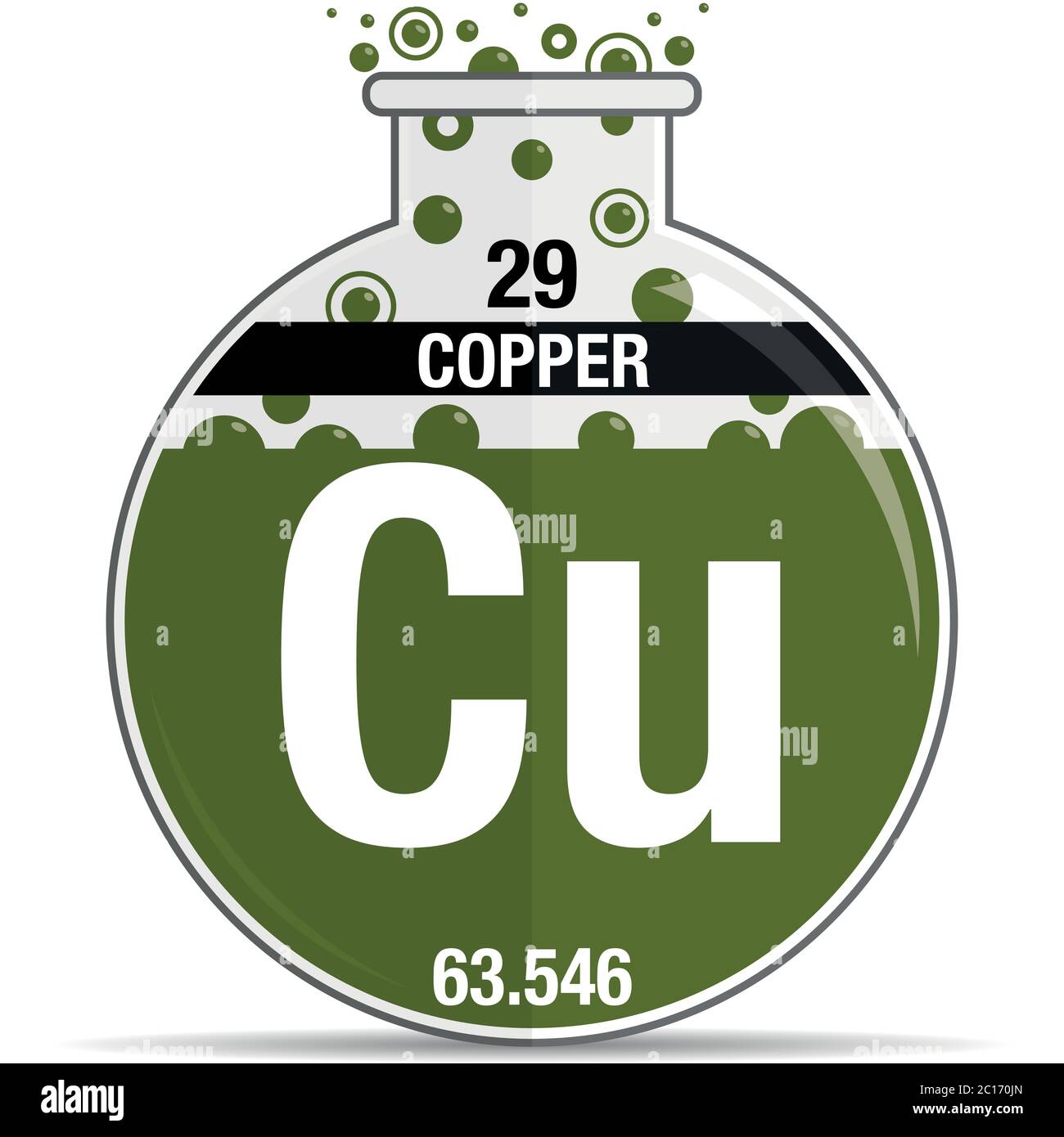 Copper symbol on chemical round flask. Element number 29 of the ...