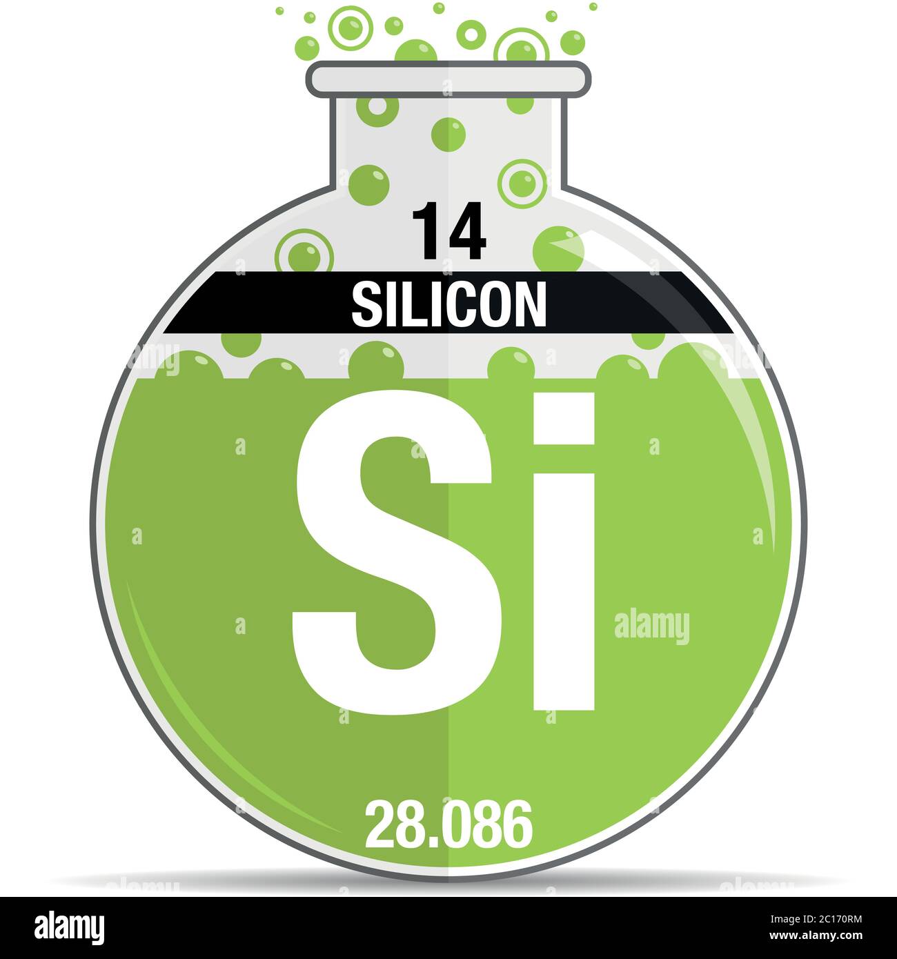 Silicon symbol on chemical round flask. Element number 14 of the ...