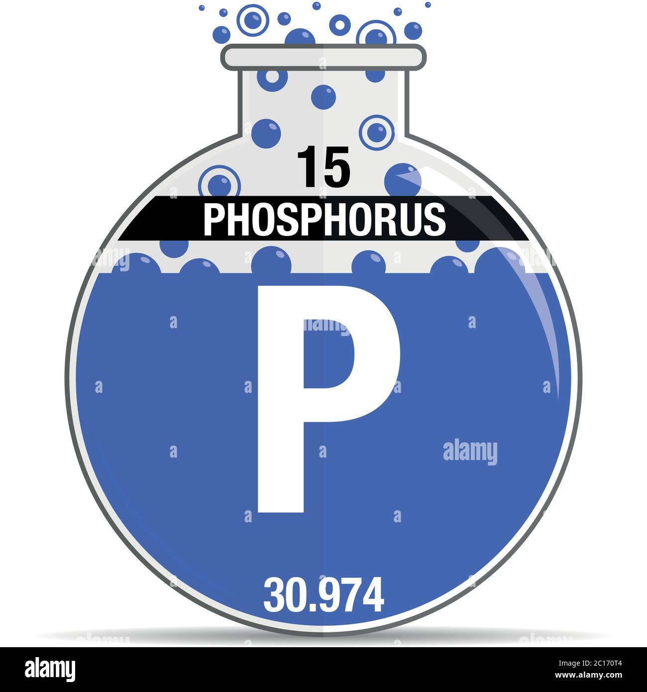 Phosphorus symbol on chemical round flask. Element number 15 of the ...