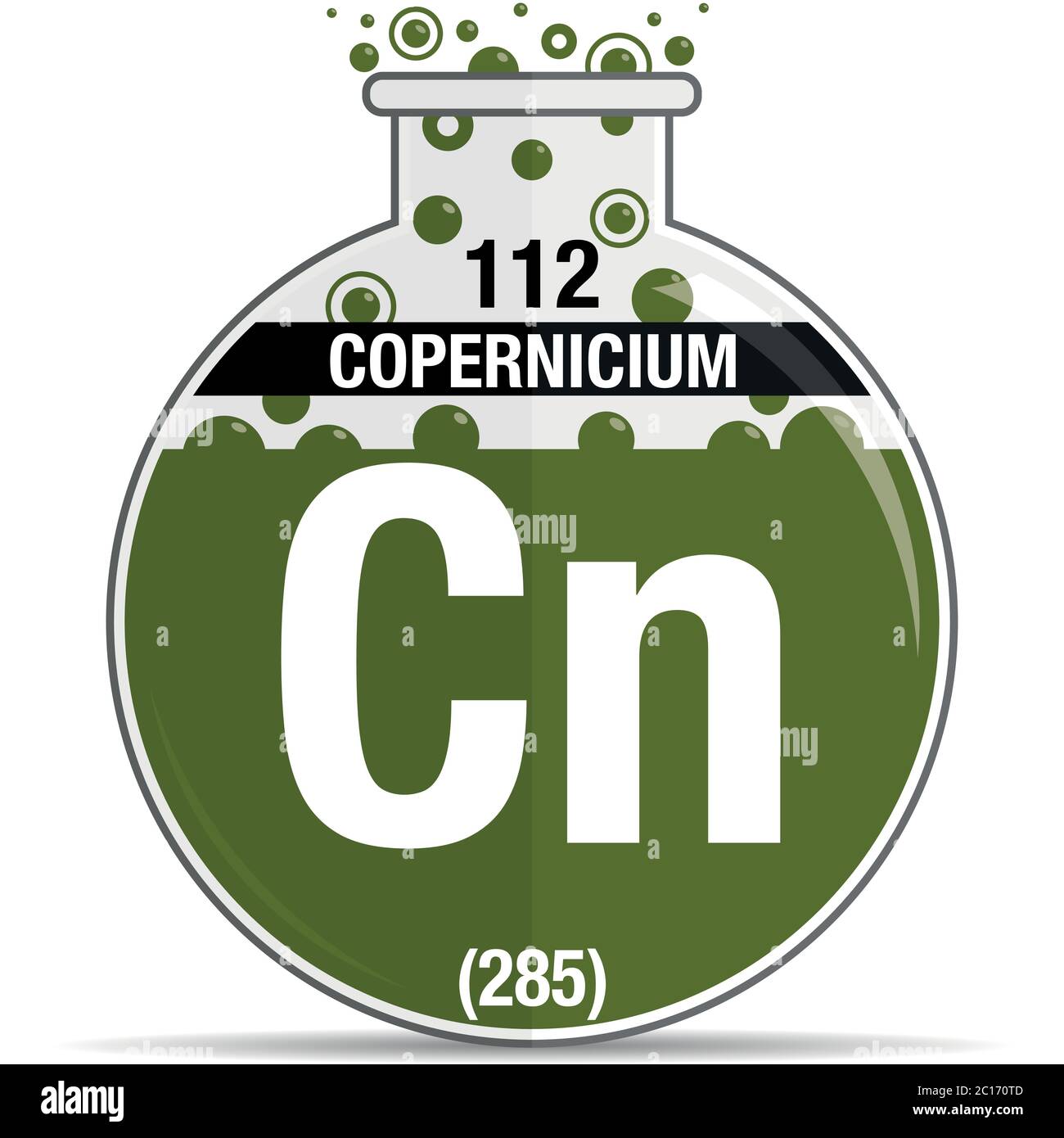 Copernicium symbol on chemical round flask. Element number 112 of the ...