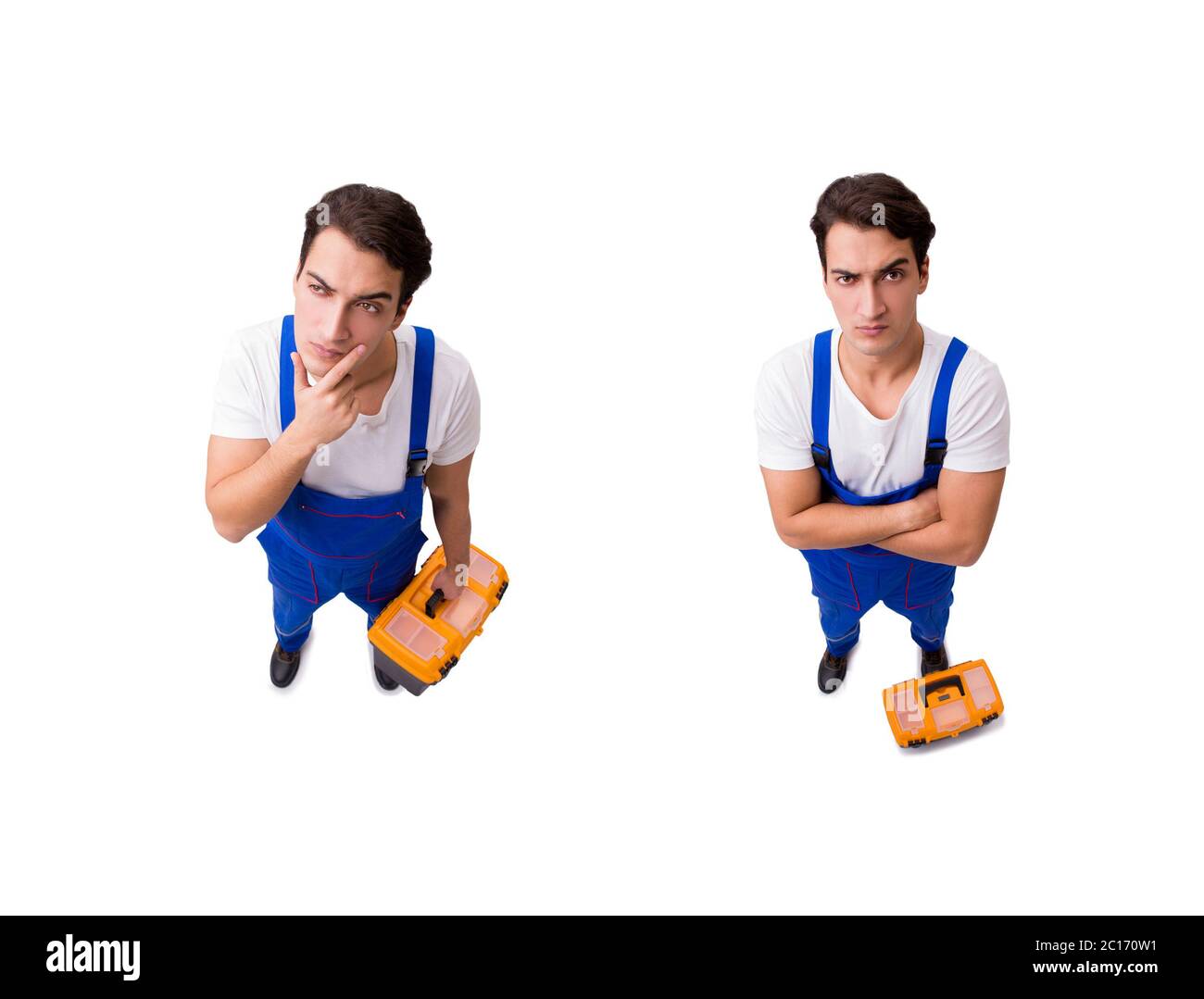 Funny repairman with tools isolated on white Stock Photo - Alamy