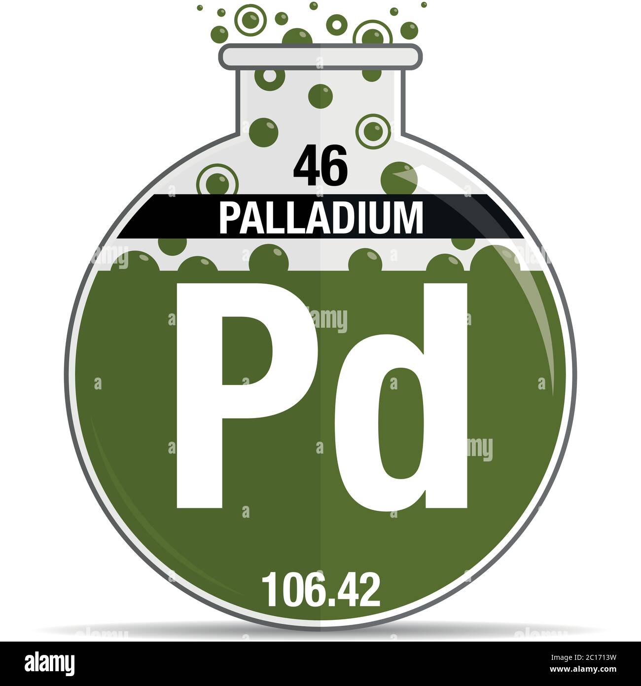 Palladium symbol on chemical round flask. Element number 46 of the ... Palladium symbol on chemical round flask. Element number 46 of the ...