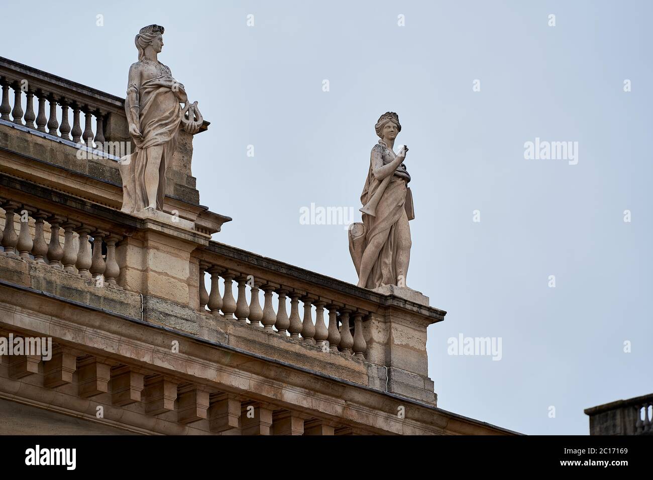 Statues of the muses on the roof of the Grande theatre in Place de la ...