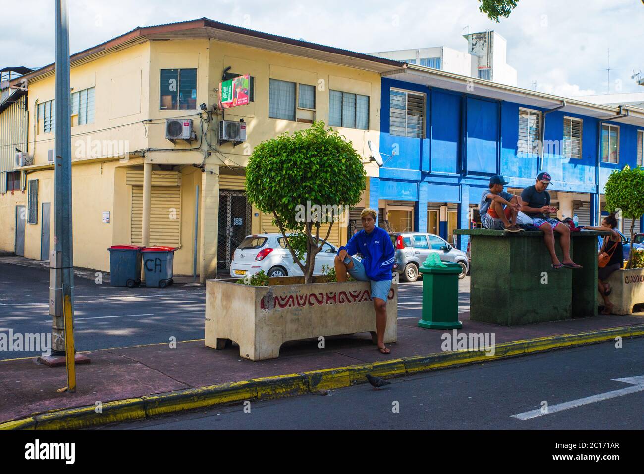 view on the City center in Papeete, French Polynesia full of people and ...