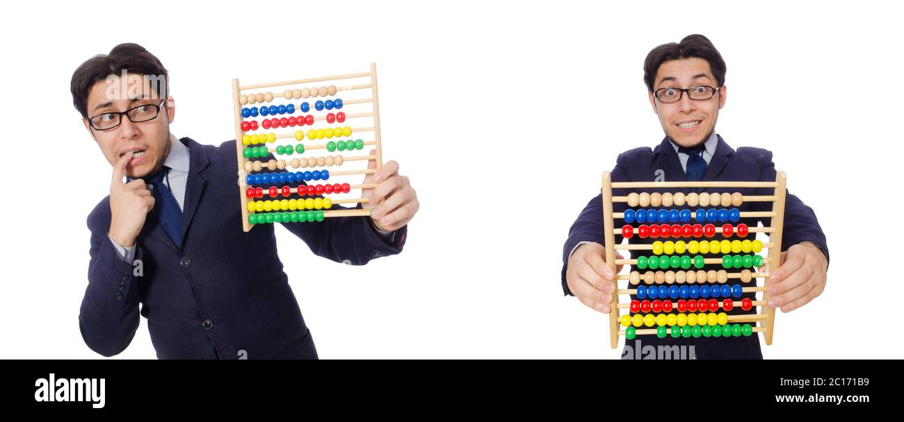 Funny businessman with abacus isolated on the white Stock Photo - Alamy