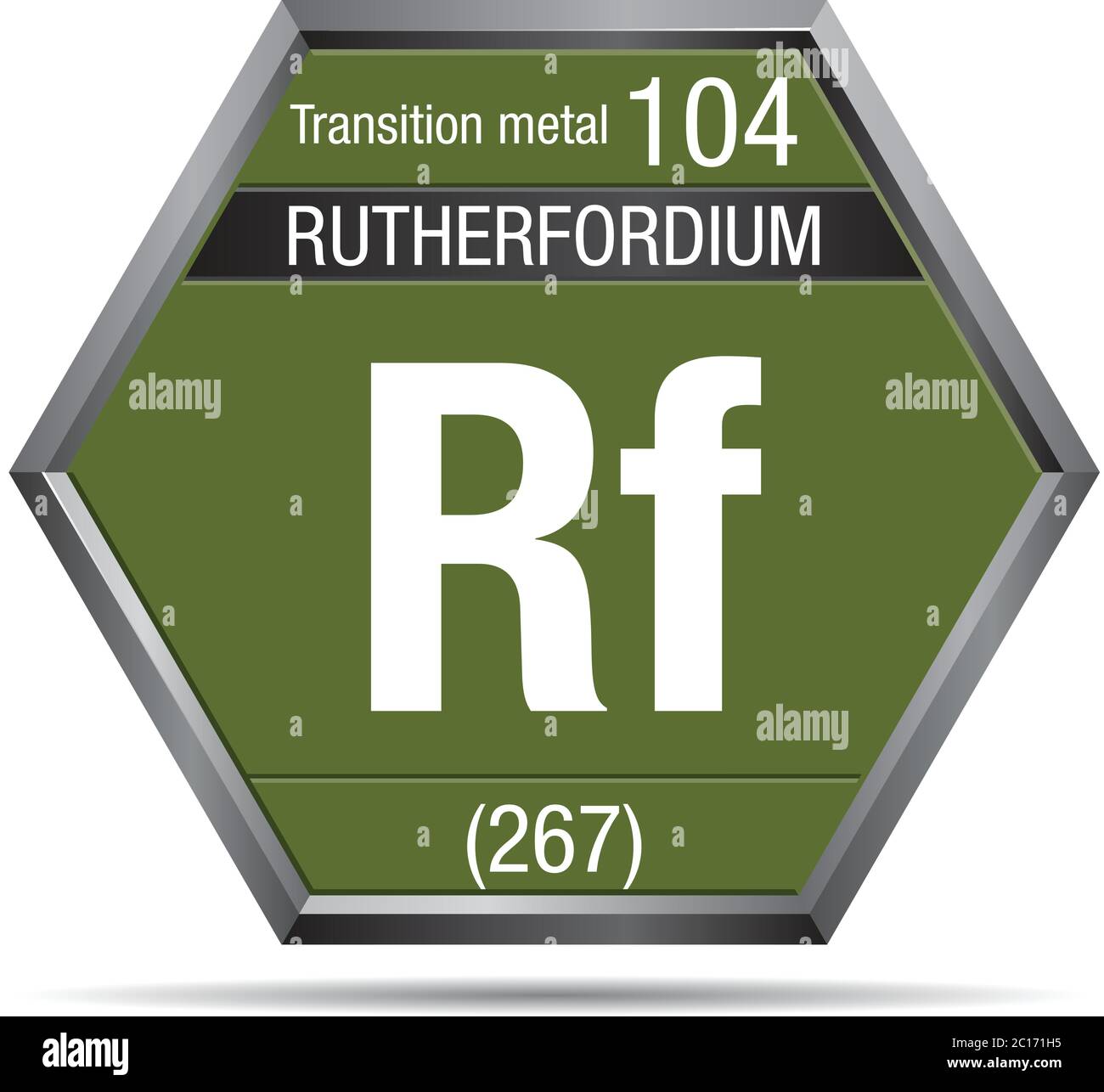 Rutherfordium symbol in the form of a hexagon with a metallic frame ...
