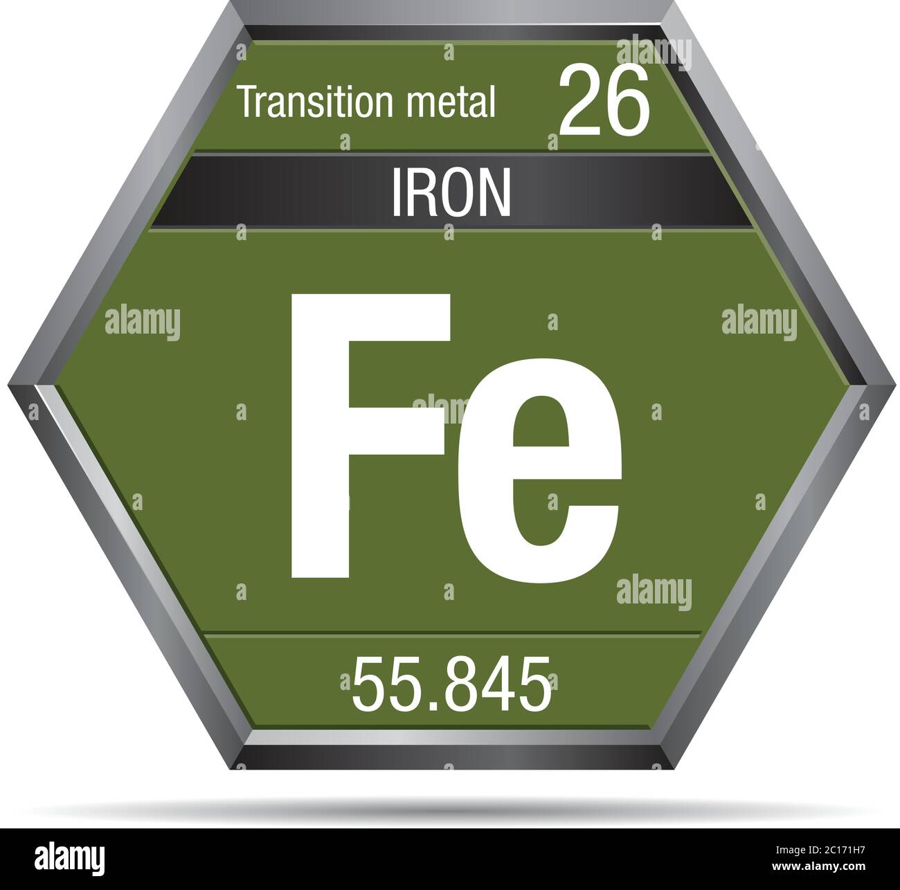 Iron symbol in the form of a hexagon with a metallic frame. Element ...