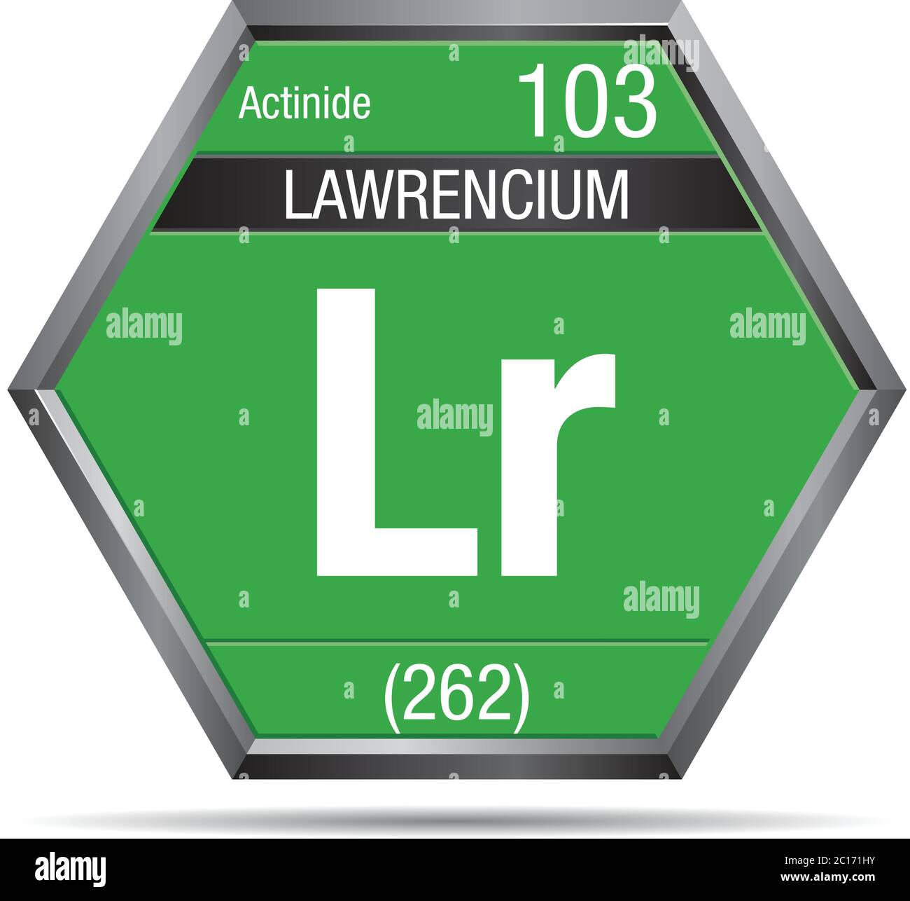 Lawrencium symbol in the form of a hexagon with a metallic frame ...