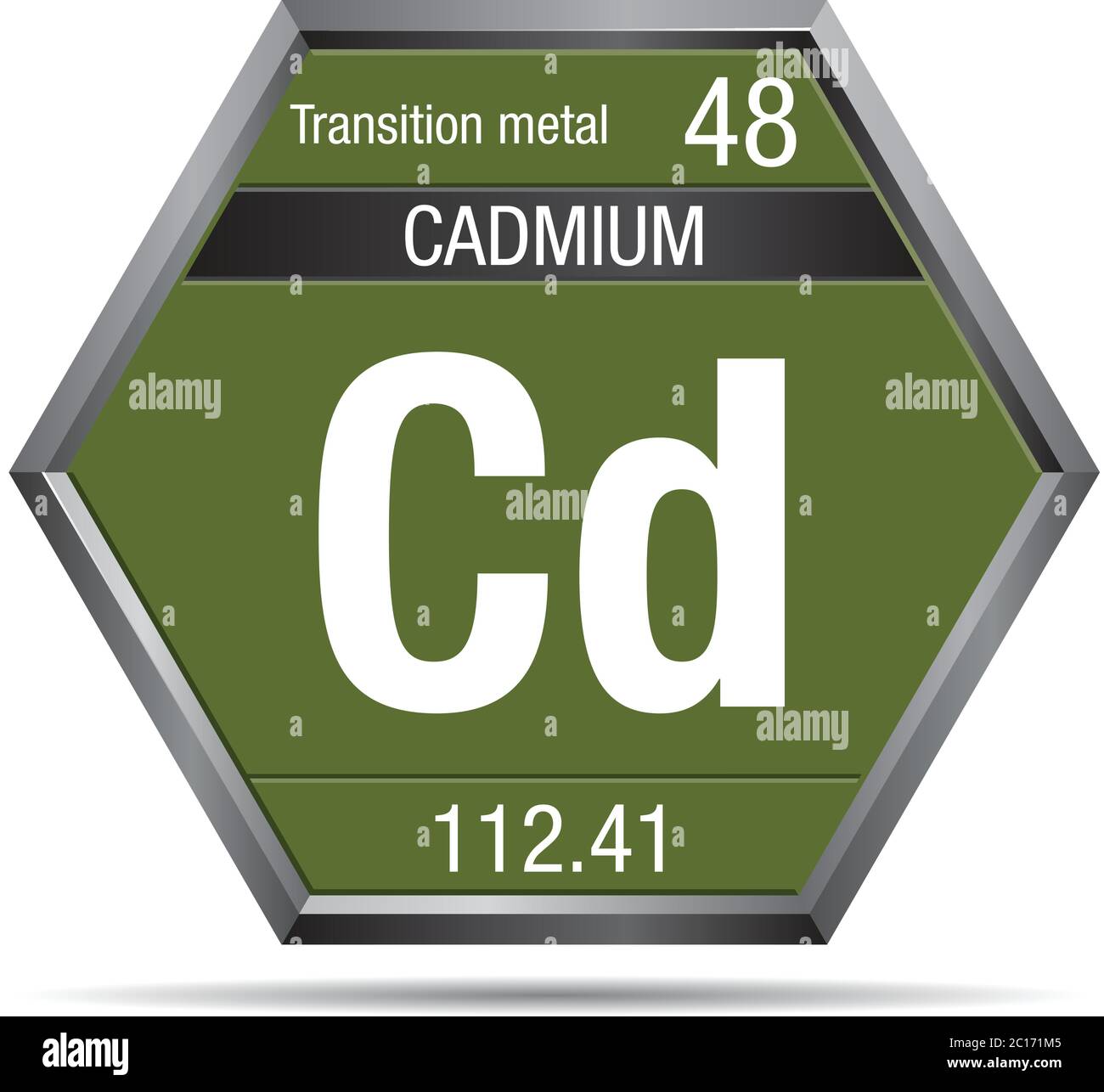 Cadmium symbol in the form of a hexagon with a metallic frame. Element ...