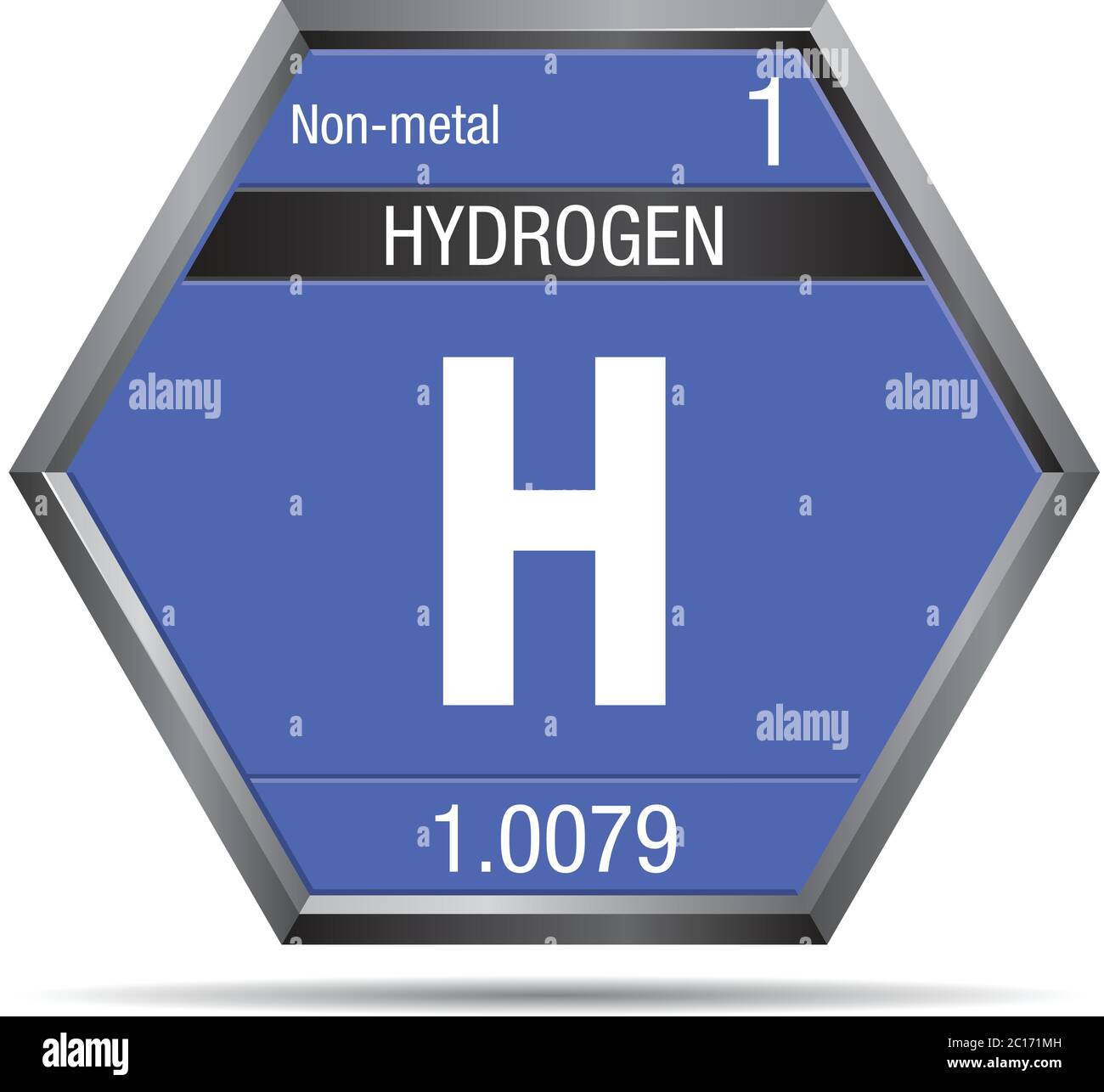 Hydrogen symbol in the form of a hexagon with a metallic frame. Element ...