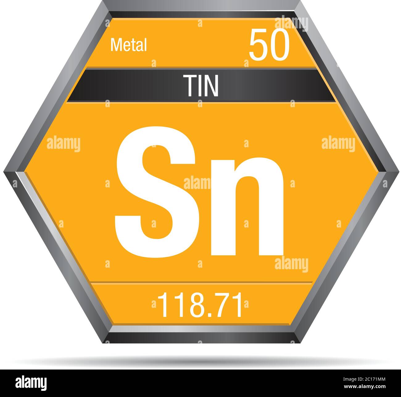 Tin symbol in the form of a hexagon with a metallic frame. Element ...