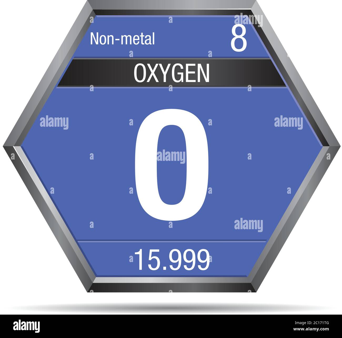 Oxygen symbol in the form of a hexagon with a metallic frame. Element ...