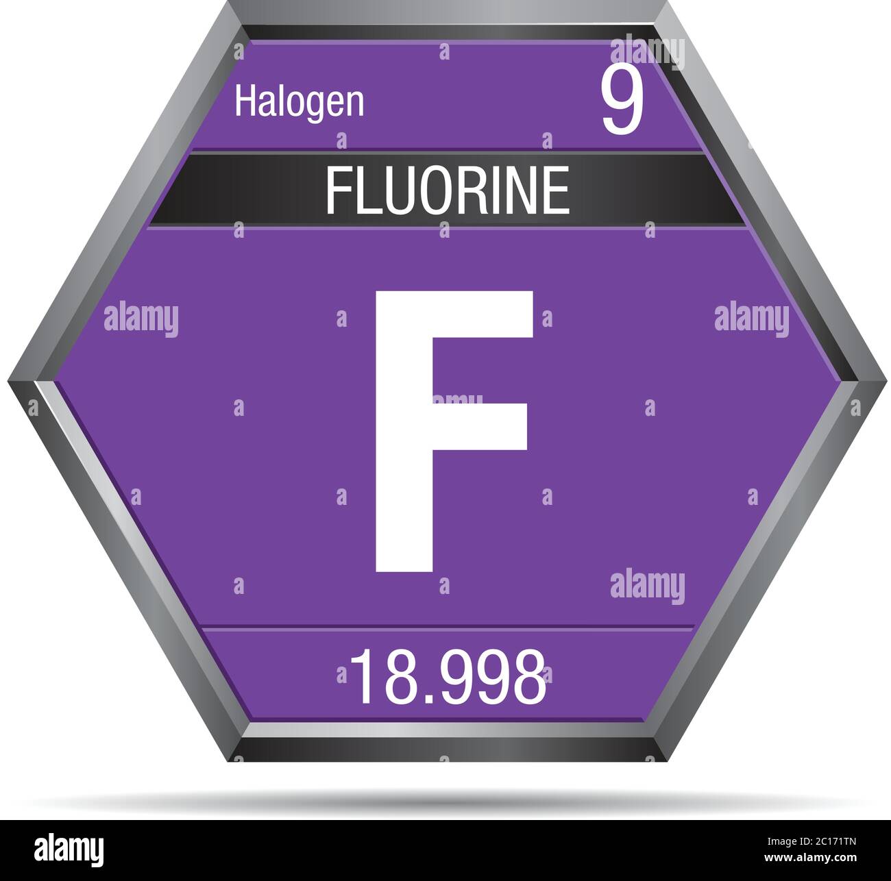 Fluorine symbol in the form of a hexagon with a metallic frame. Element ...