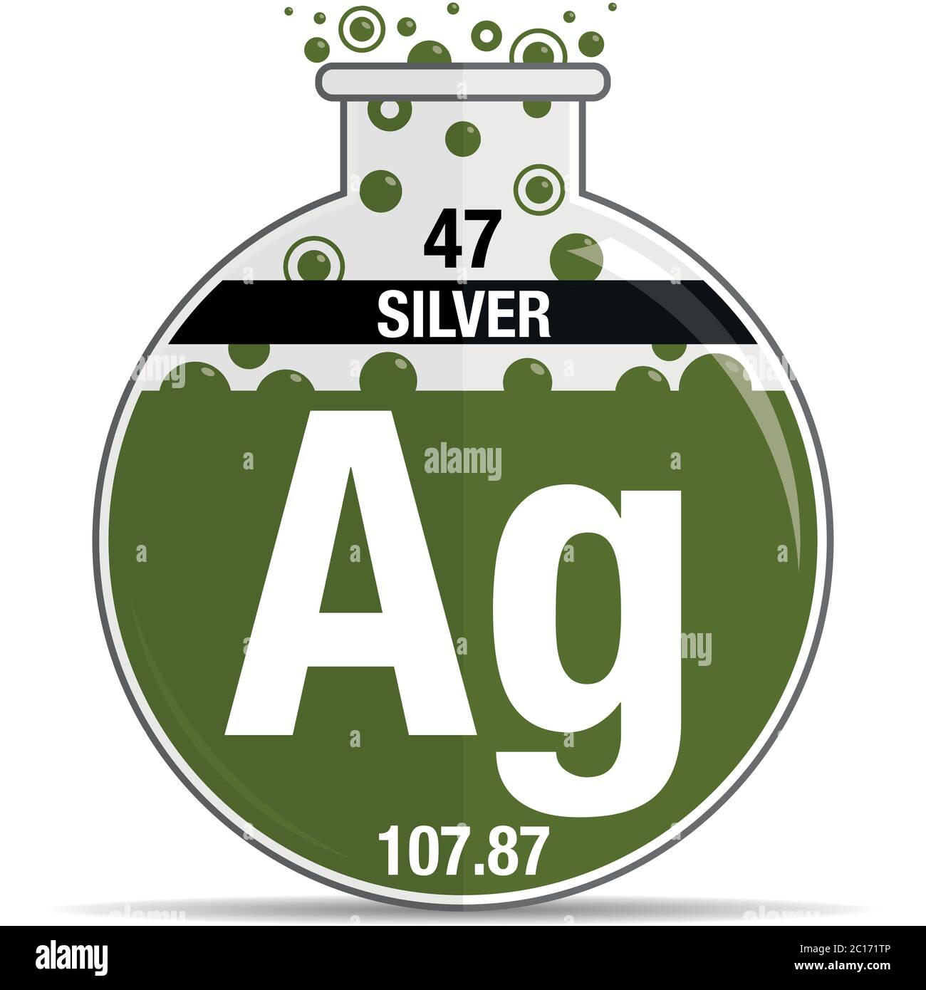 Silver symbol on chemical round flask. Element number 47 of the ...