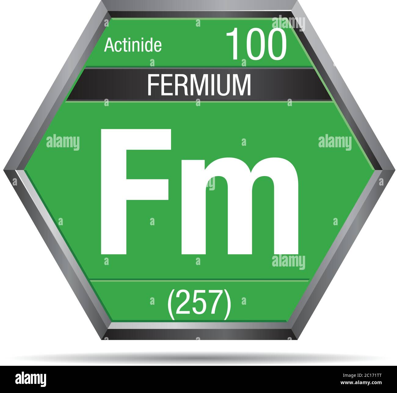 Fermium symbol in the form of a hexagon with a metallic frame. Element ...