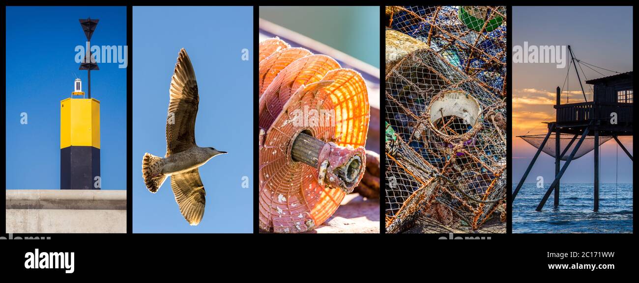 panoramic photo collage sea, beach and boat concept Stock Photo - Alamy