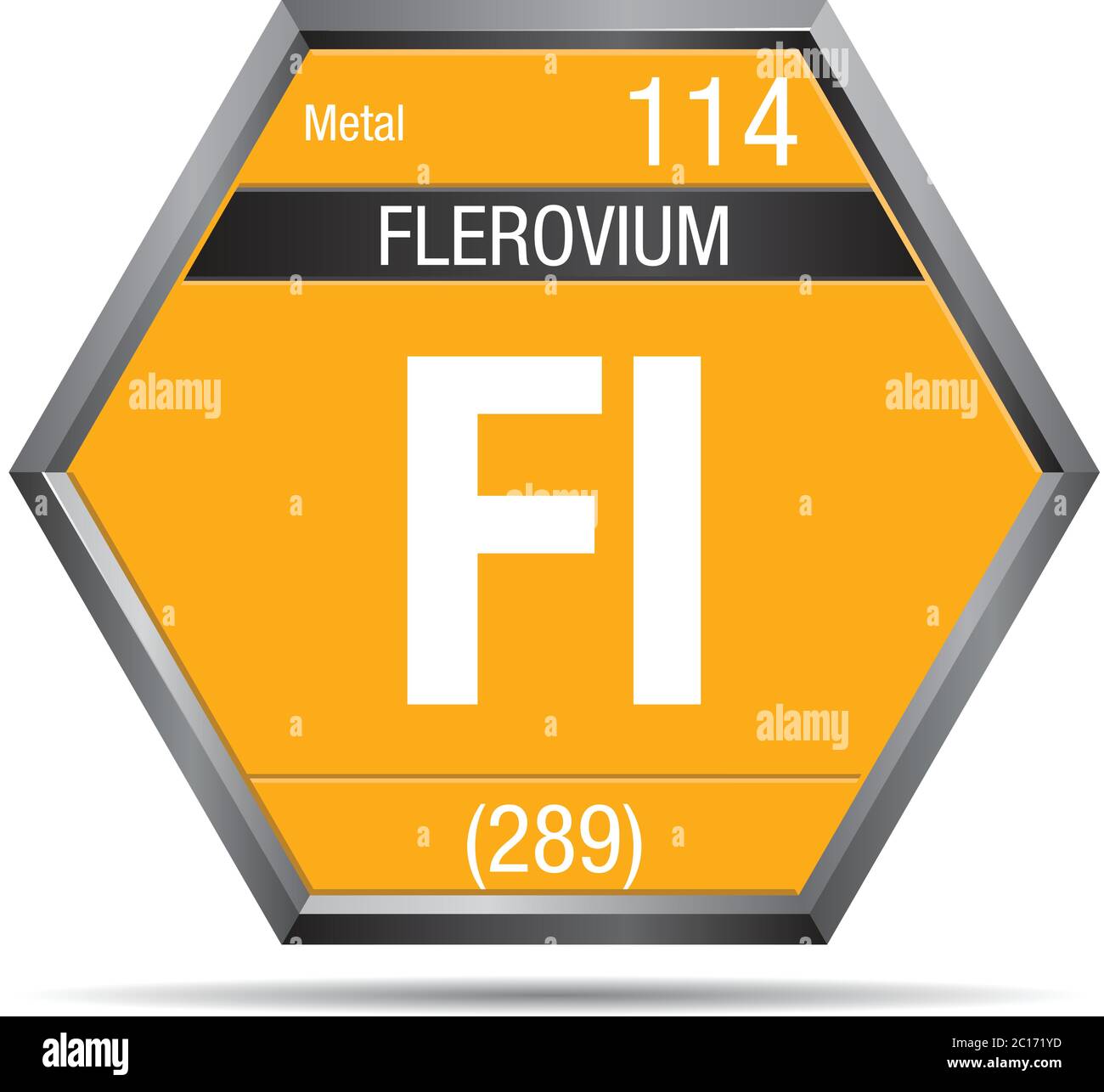 Flerovium symbol in the form of a hexagon with a metallic frame ...