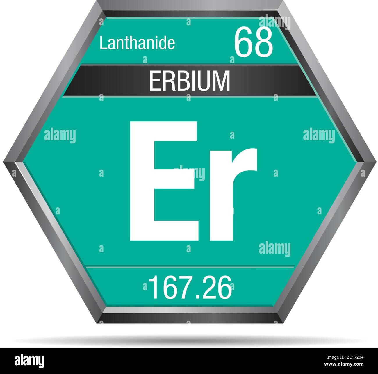 Erbium symbol in the form of a hexagon with a metallic frame. Element ...