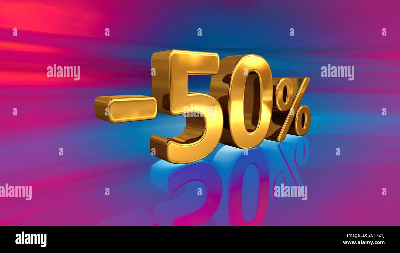 3d Gold -50%, Minus Fifty Percent Discount Sign Stock Photo - Alamy