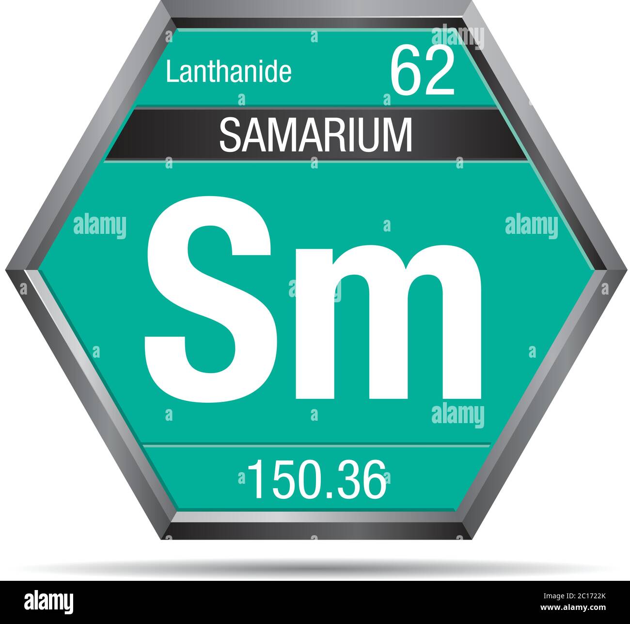 Samarium symbol in the form of a hexagon with a metallic frame. Element ...